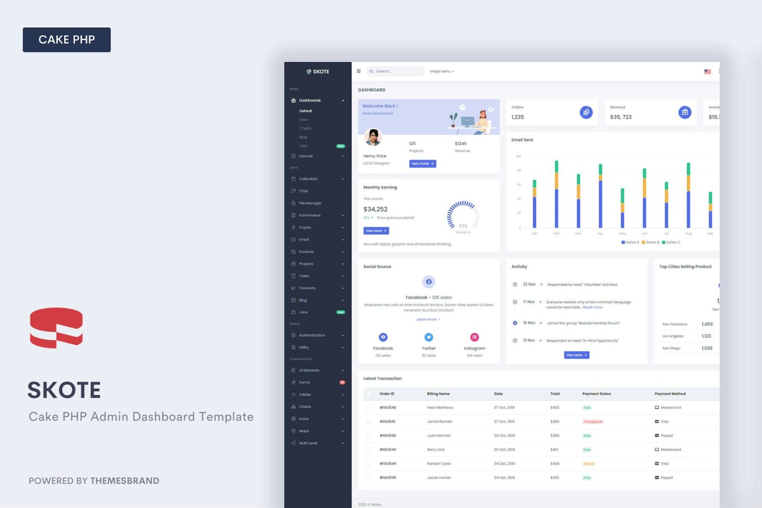 Skote - Cake PHP Admin Dashboard Template Skote is a fully featured ...