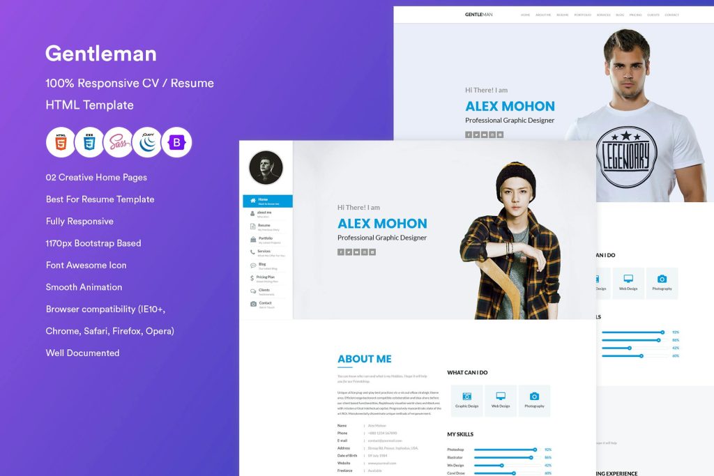 Responsive CV / Resume HTML Template Gentleman Resume template - Prime Access