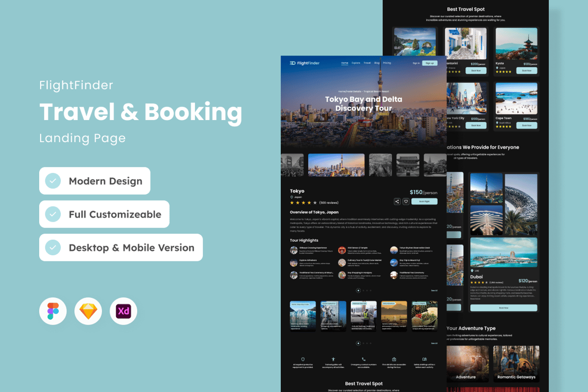 FlightFinder - Travel & Booking Landing Page Figma Design - Prime Access