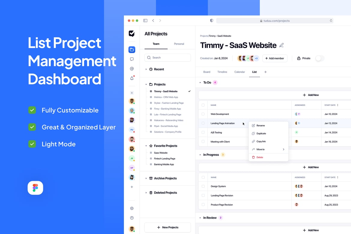 List View Project Management Dashboard - Tuduu Figma Design - Prime Access